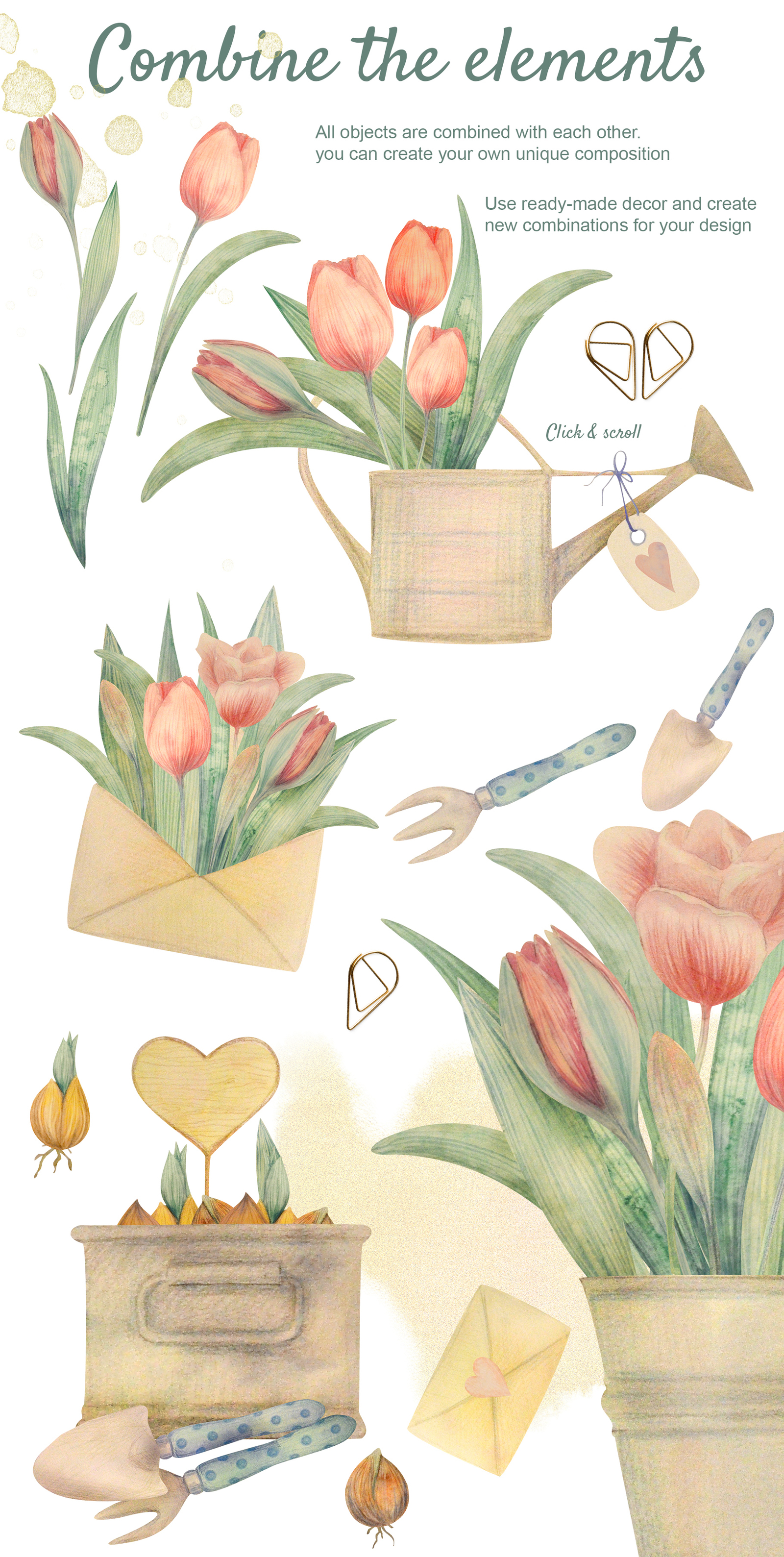 HELLO SPRING. Watercolor tulip set on Yellow Images Creative Store