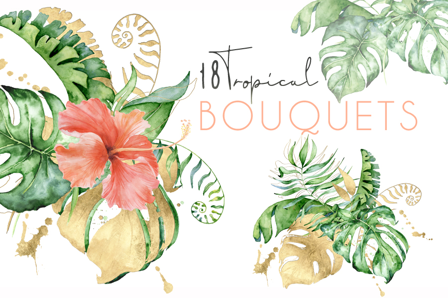 18 Tropical bouquets watercolor on Yellow Images Creative Store