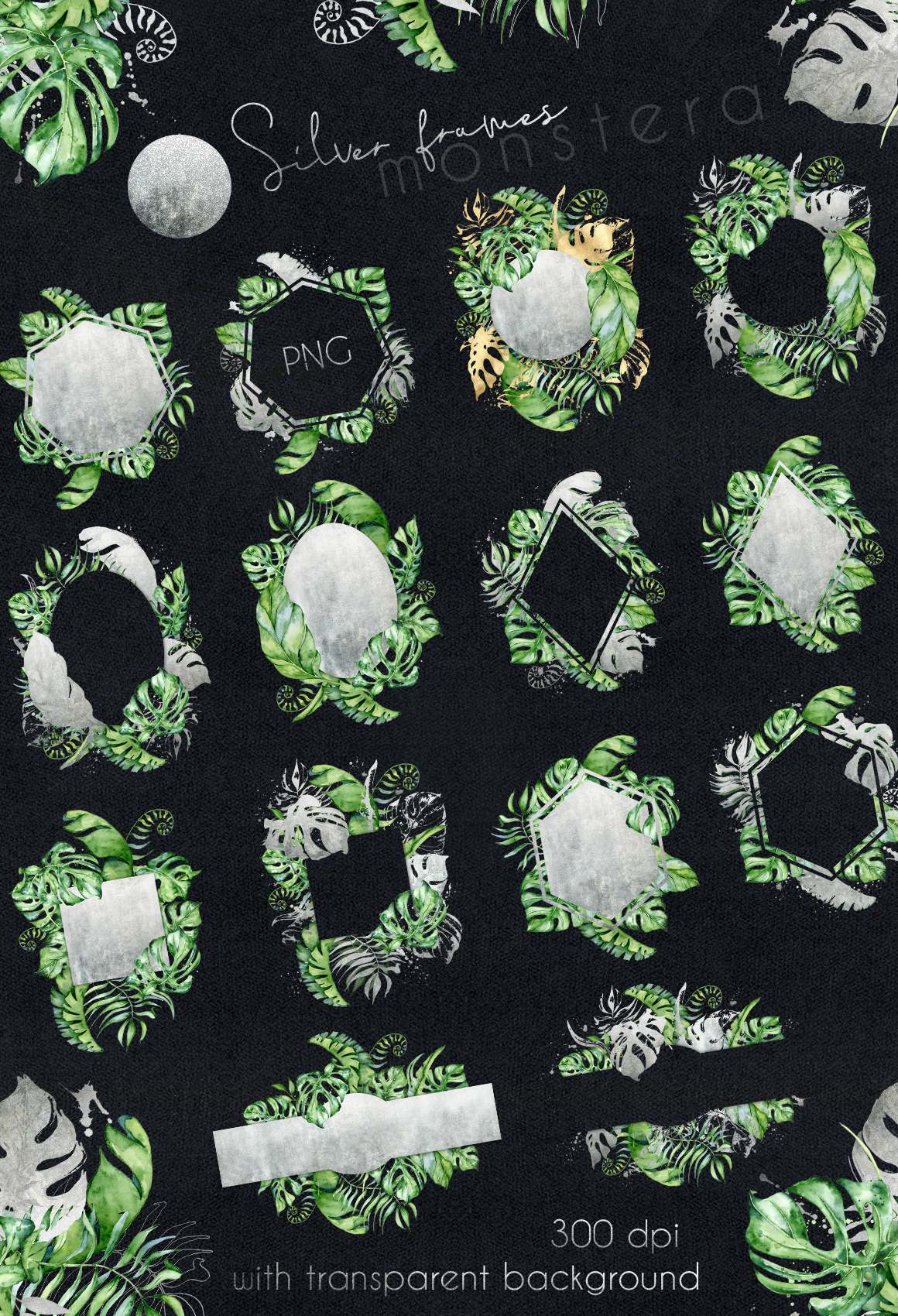 44 Tropical watercolor Frames - Gold, Silver, Black glitter on Yellow ...