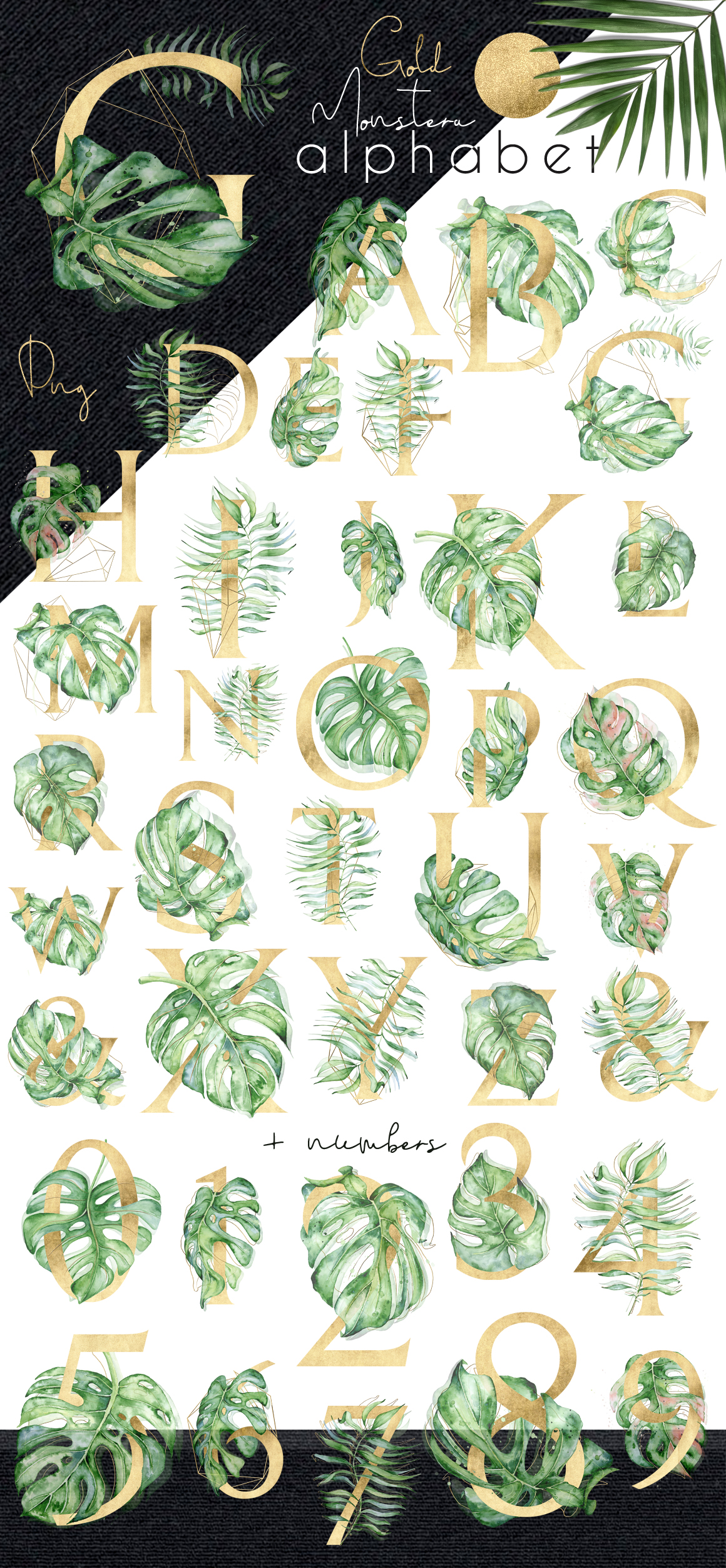 Gold Monstera - tropical leaves alphabet on Yellow Images Creative Store