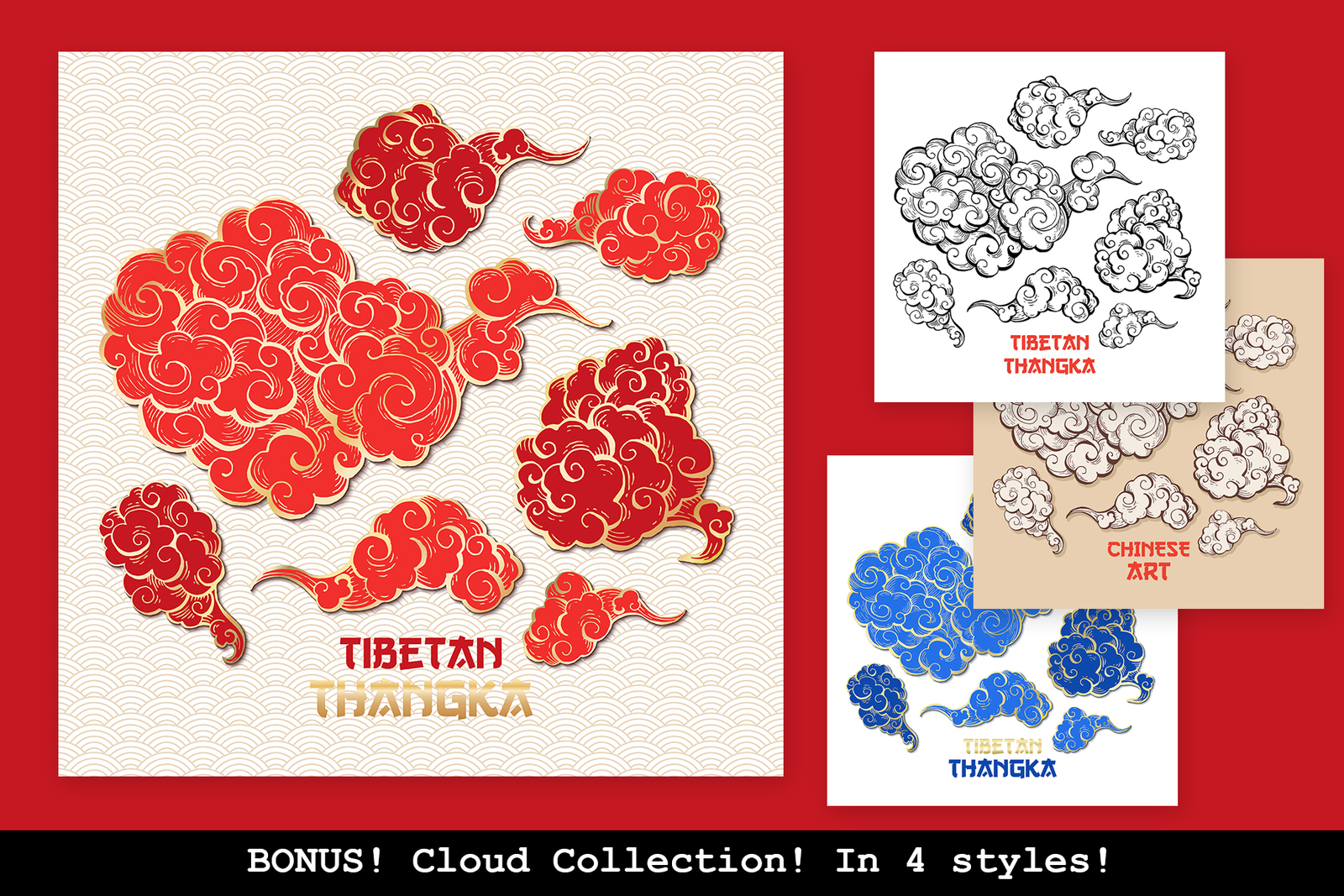 Chinese Dragon Vector Illustrations, Clouds and Patterns on Yellow ...