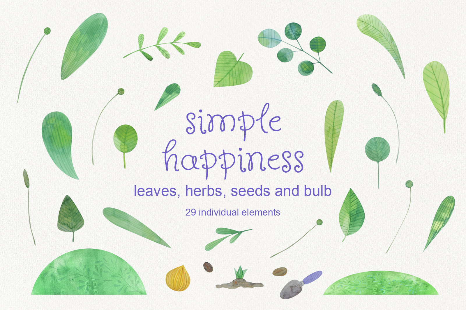 Simple happines. Set of watercolor flowers, leaves, cat and girl on ...