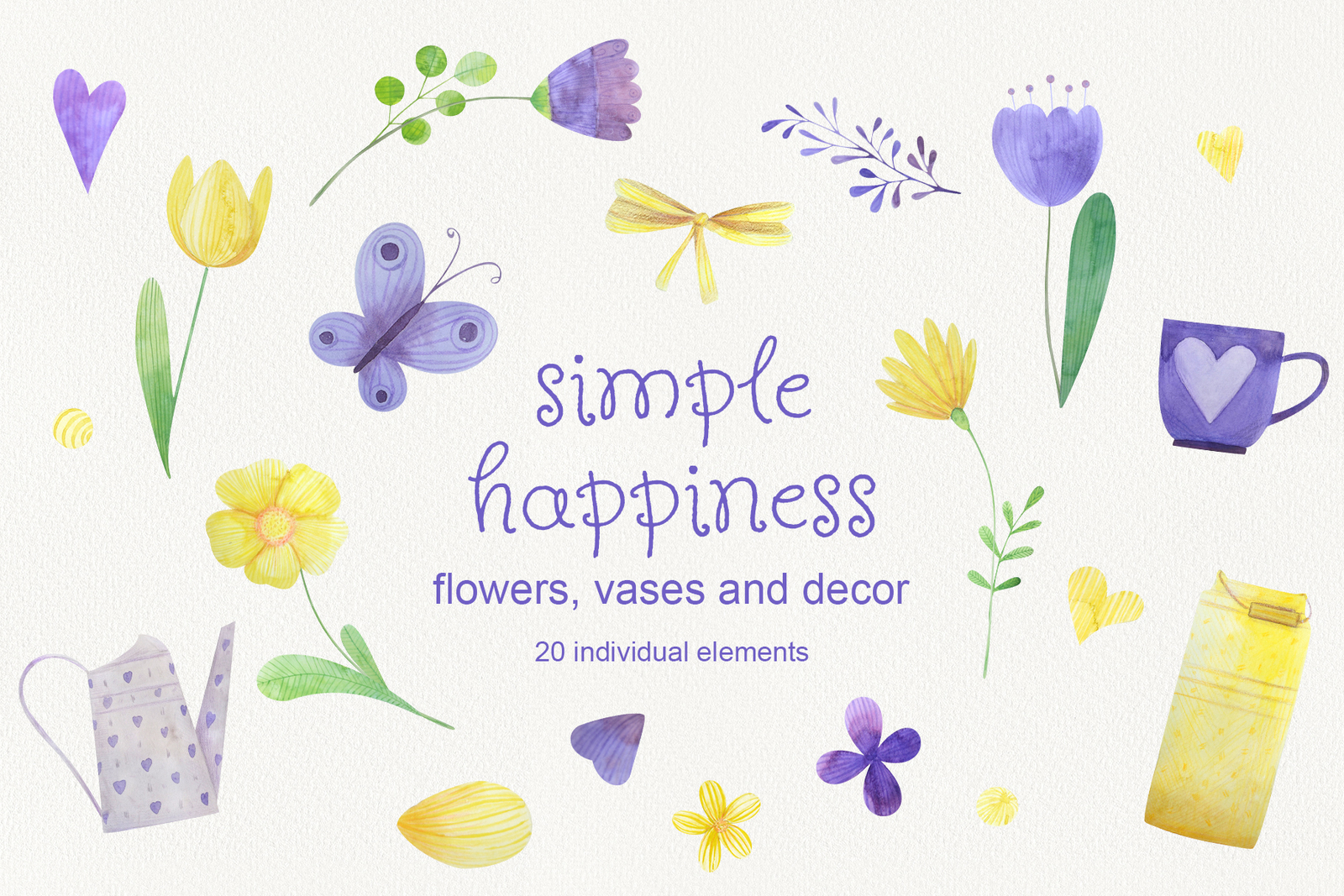 Simple happines. Set of watercolor flowers, leaves, cat and girl on ...