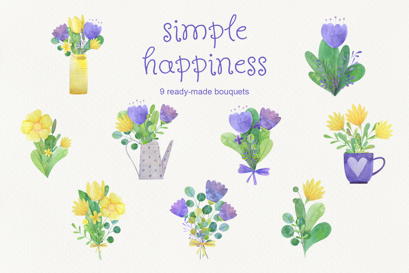 Simple happines. Set of watercolor flowers, leaves, cat and girl on ...