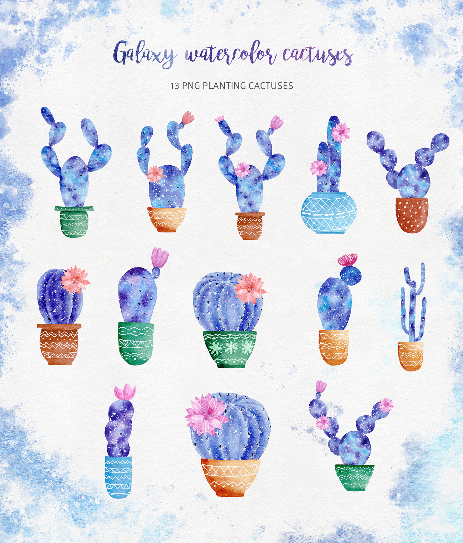 Watercolor Galaxy Cactus Collection on Yellow Images Creative Store