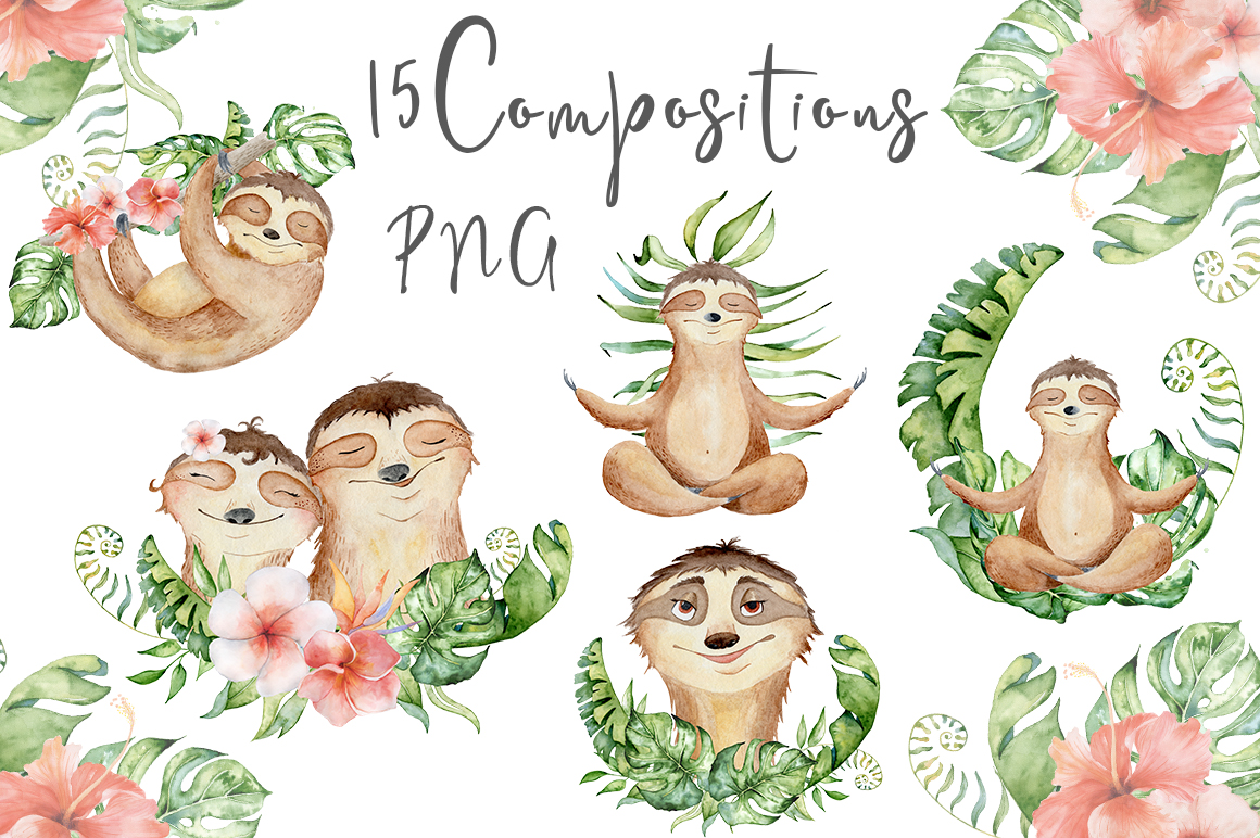 Lovely Sloths Watercolor set on Yellow Images Creative Store