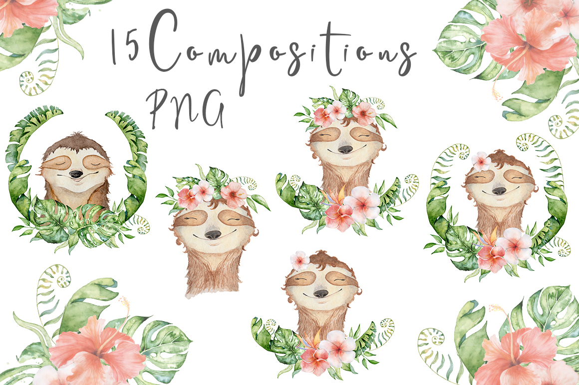 Lovely Sloths Watercolor set on Yellow Images Creative Store