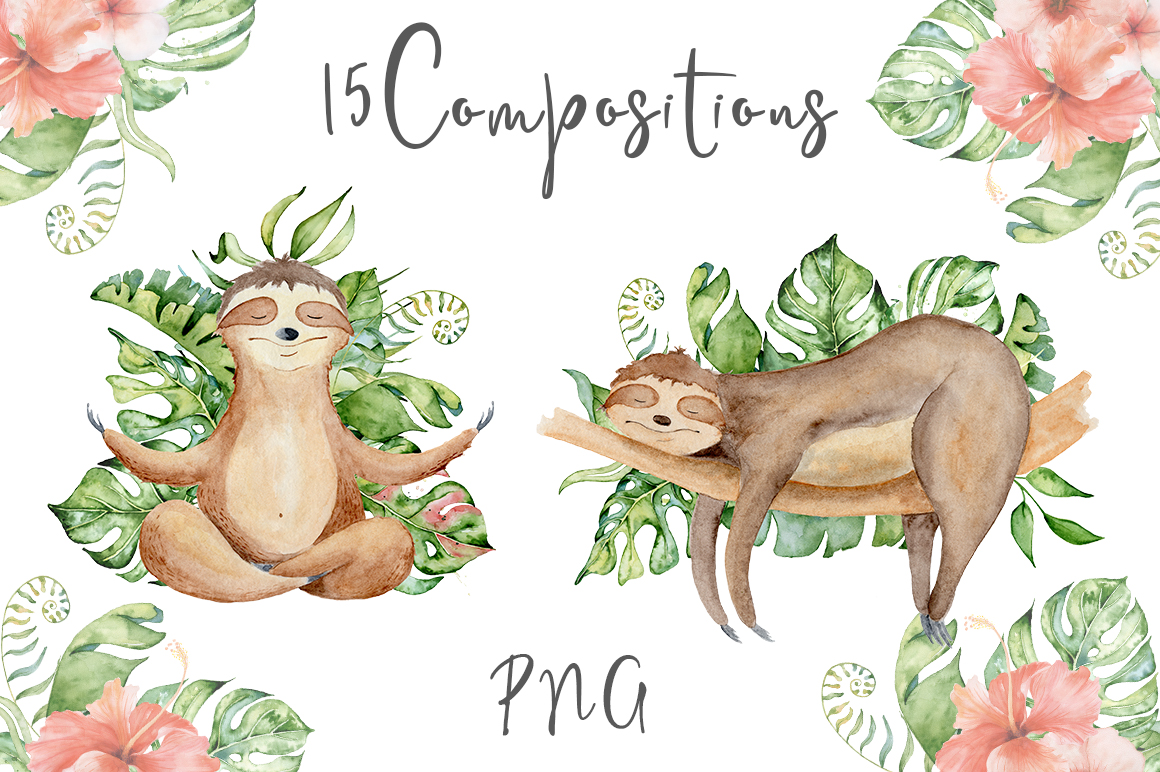 Lovely Sloths Watercolor set on Yellow Images Creative Store