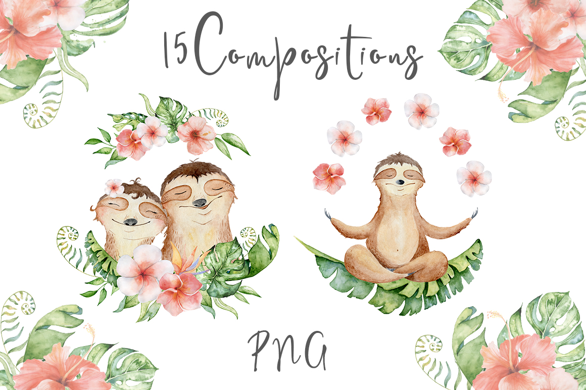 Lovely Sloths Watercolor set on Yellow Images Creative Store