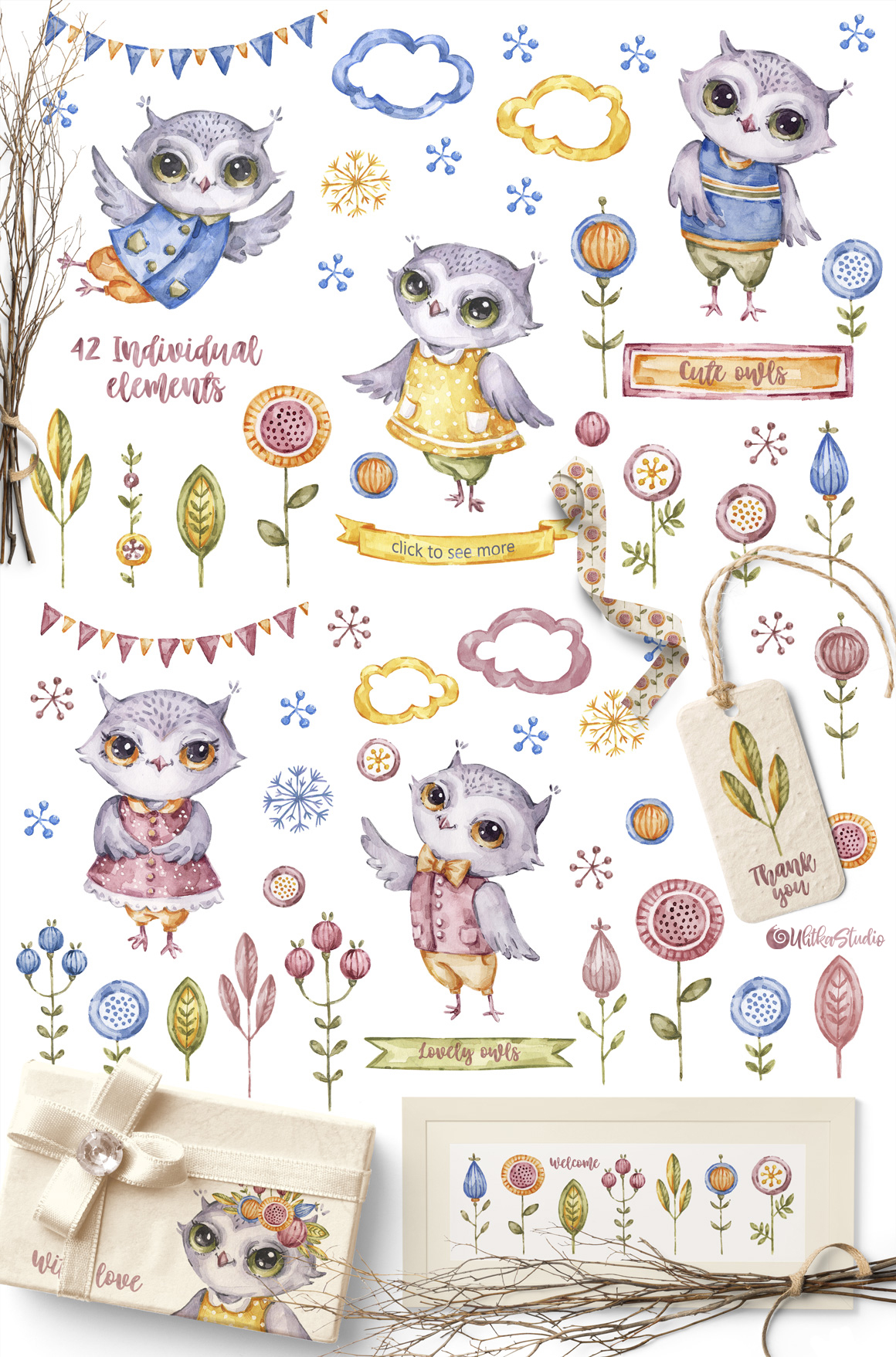Cute owls. Watercolor collection with floral forest birds. on Yellow ...