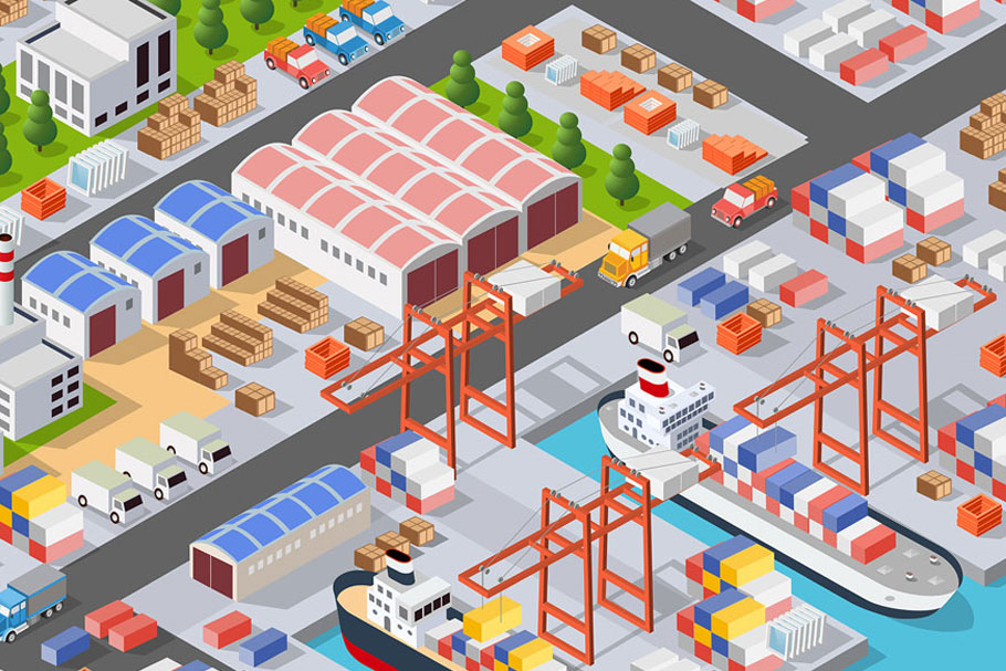 Isometric port cargo ship on Yellow Images Creative Store