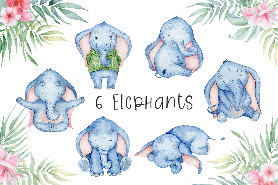 Lovely Elephants Watercolor set animals clipart on Yellow Images ...