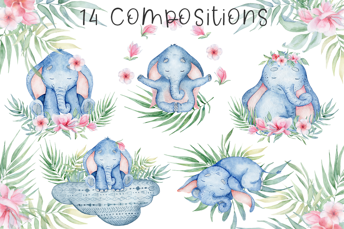Lovely Elephants Watercolor set animals clipart on Yellow Images ...