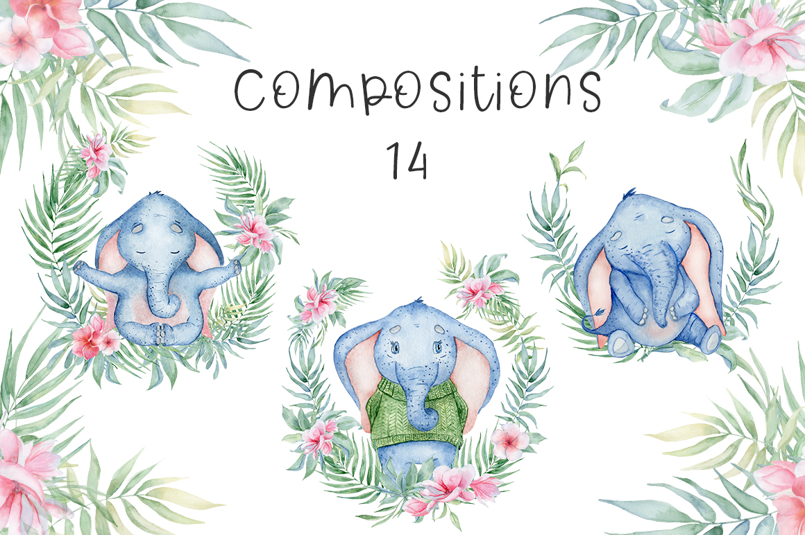 Lovely Elephants Watercolor set animals clipart on Yellow Images ...