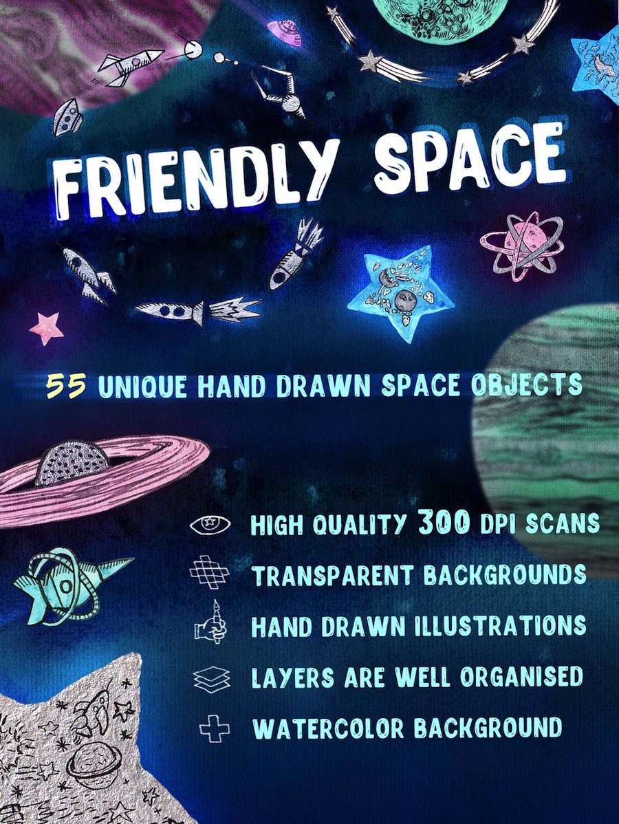 Friendly Space illustrations set on Yellow Images Creative Store