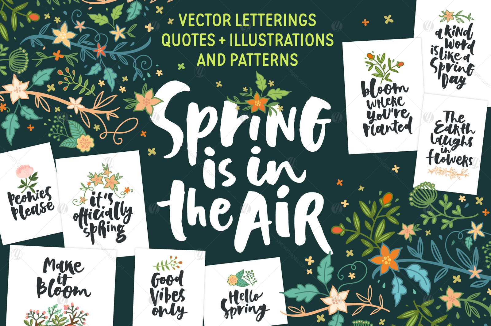 Spring! Letterings+graphics+patterns on Yellow Images Creative Store