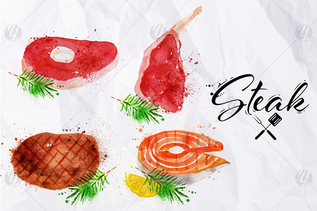 Set Watercolor Steak on Yellow Images Creative Store